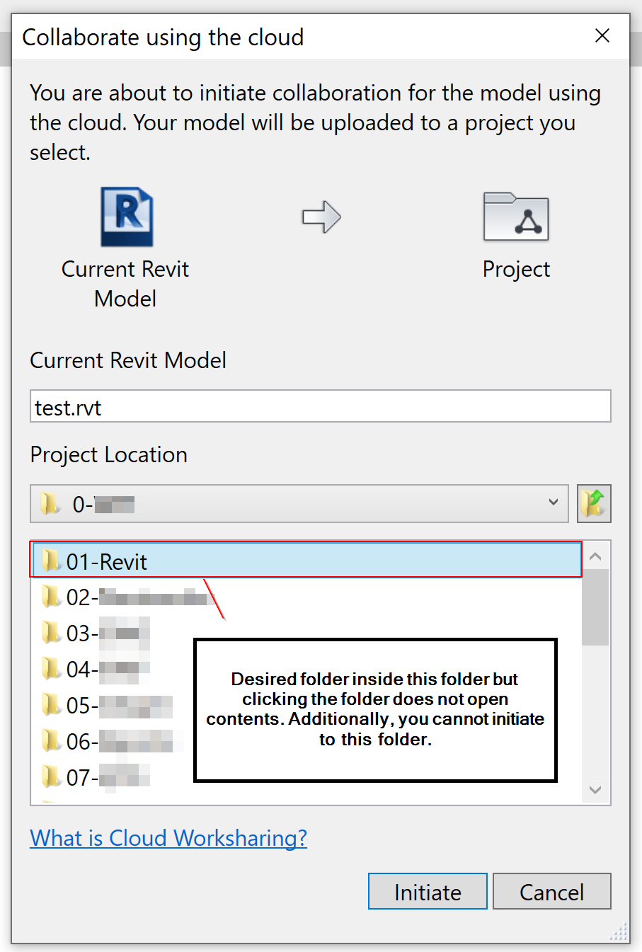 Cannot initiate a workshared model to specific cloud folder in Revit