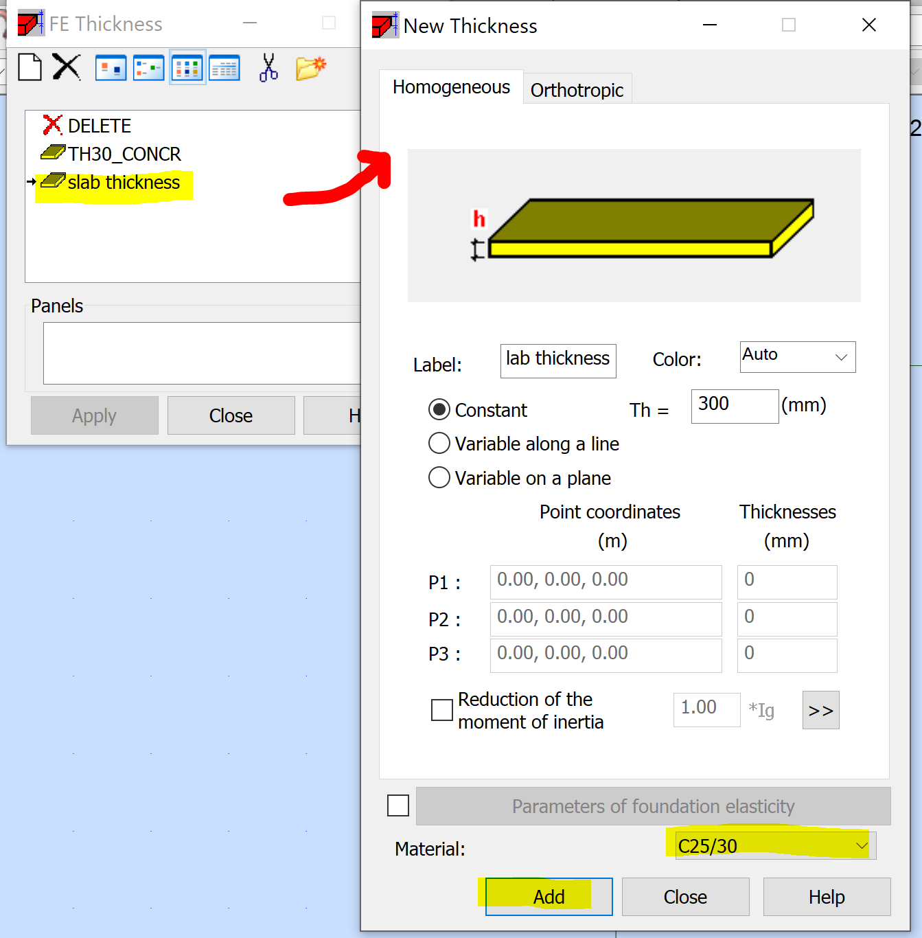 "Incorrect material" warning appears required reinforcement calculation for concrete slab or ...