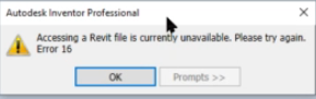 During the import of an RVT file, an error 16 is given in Inventor