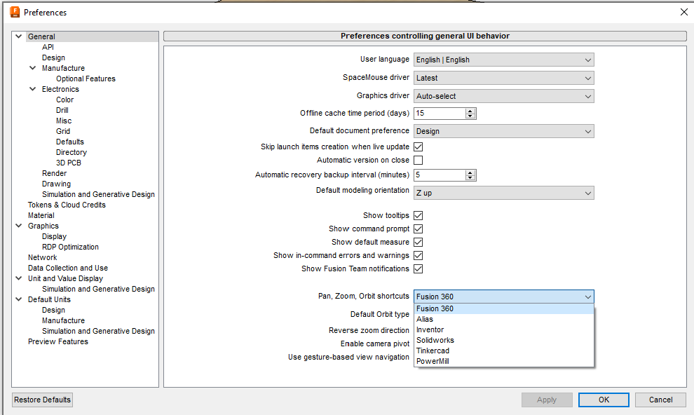 Unable to rotate or pan design view in Autodesk Fusion