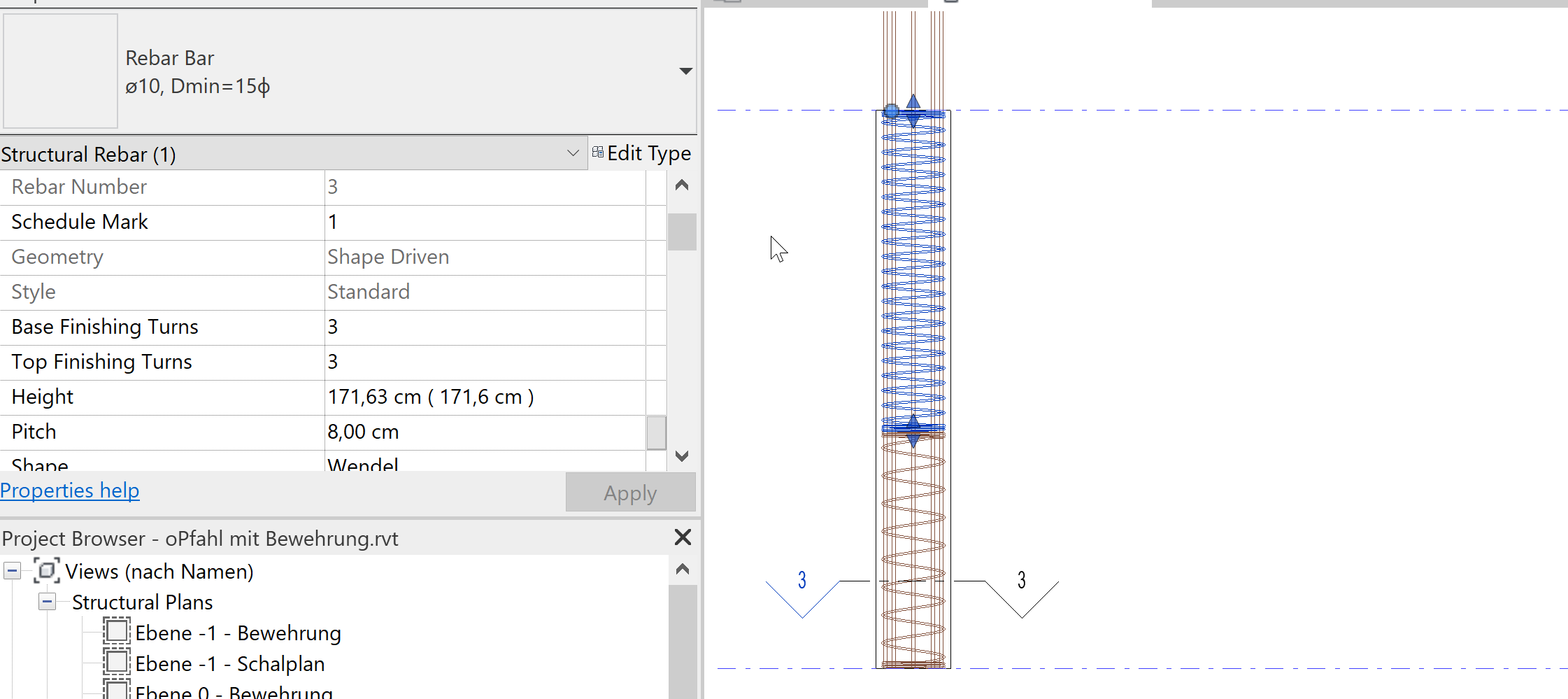 Spiral pile reinforcement with a variable pitch in Revit