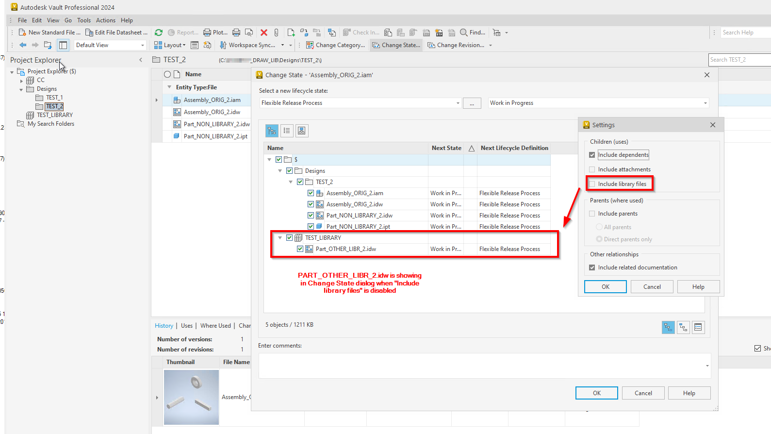 Inventor drawings in library folder are not excluded in change state action in Vault
