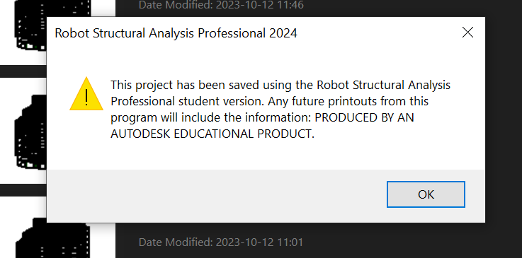 "This project has been saved using the Robot Structural Analysis Professional student version ...