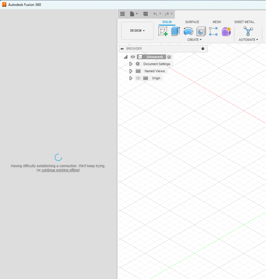 "Having difficulty establishing connection" in the Fusion Data Panel