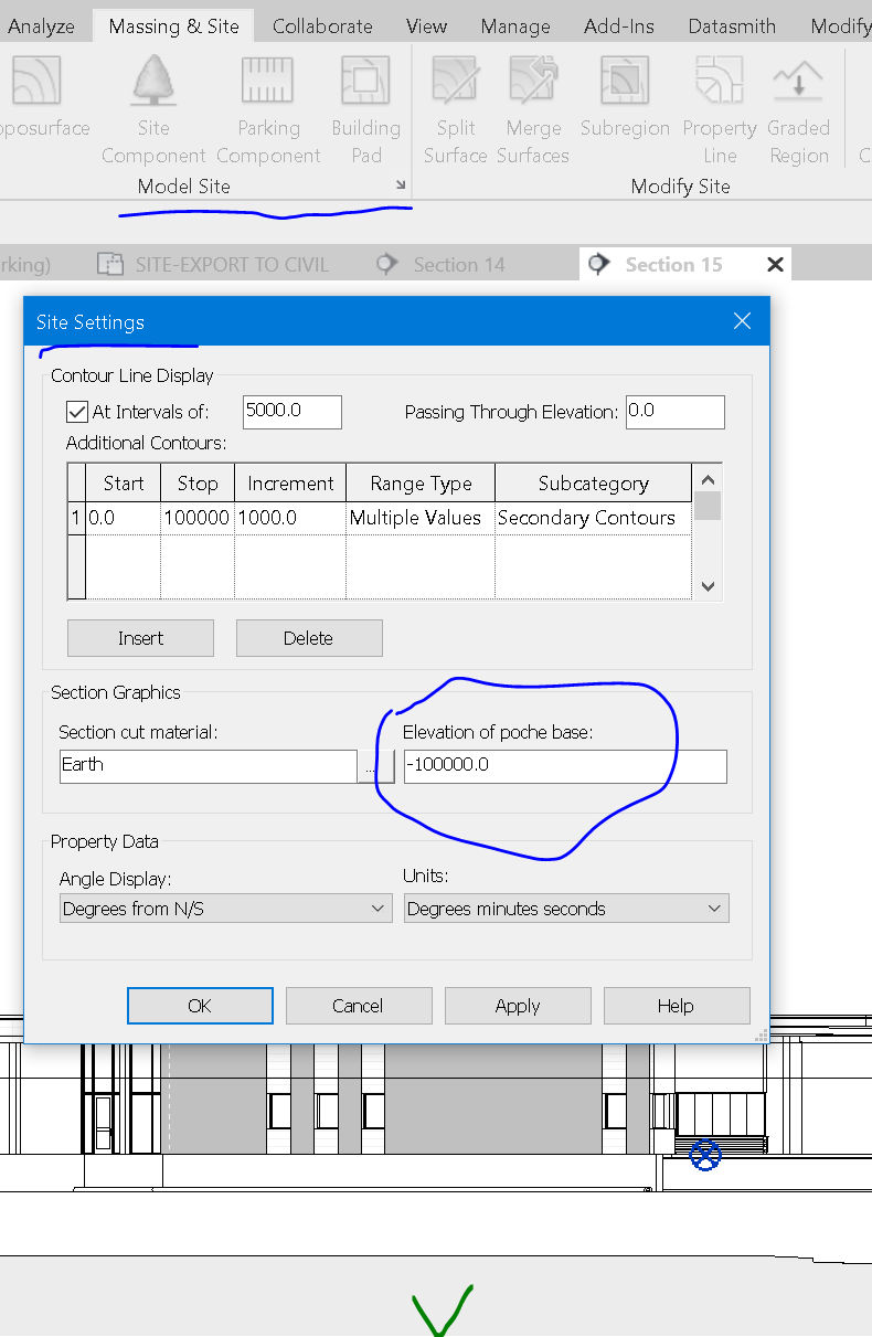 No topography surface cut pattern shows in Revit elevation/section view