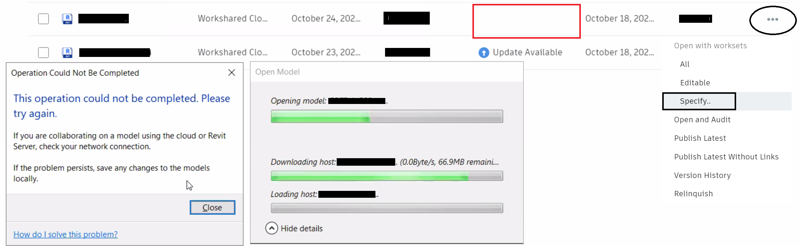"This operation could not be completed." when opening cloud model in Revit