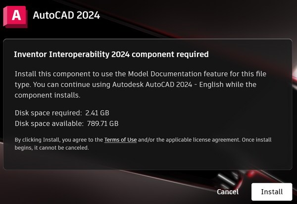 "Inventor Interoperability 202x component required" when opening or editing a drawing in AutoCAD