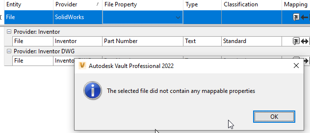 'failed to update...' editing properties for SolidWorks files in Vault