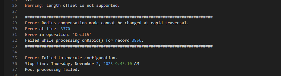 Posting fails with "Error: Radius compensation cannot be changed at ...