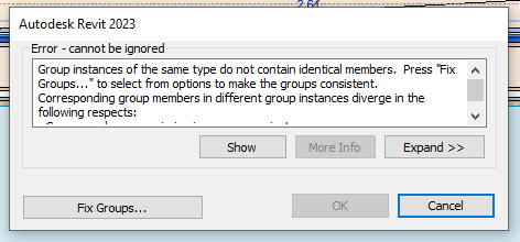 “同一类型的组实例不包含相同的成员。按“Fix Groups...” ...”尝试在 Revit 中将排除的图元包含到组中时显示