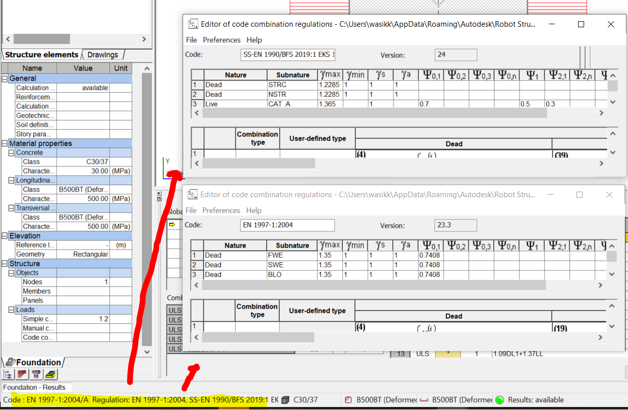 Which codes are considered while combinations generation in concrete footing provided ...