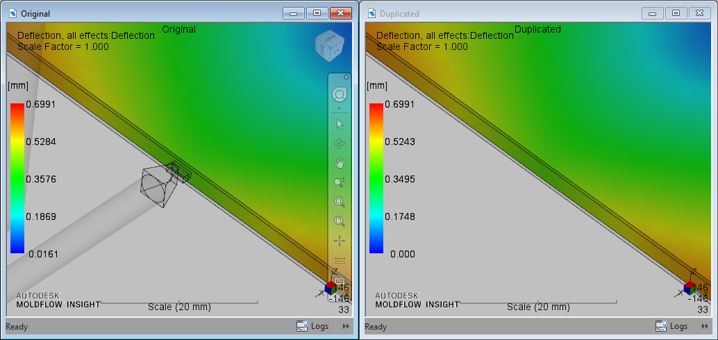 Deflection value is shown for gate beam elements in Moldflow