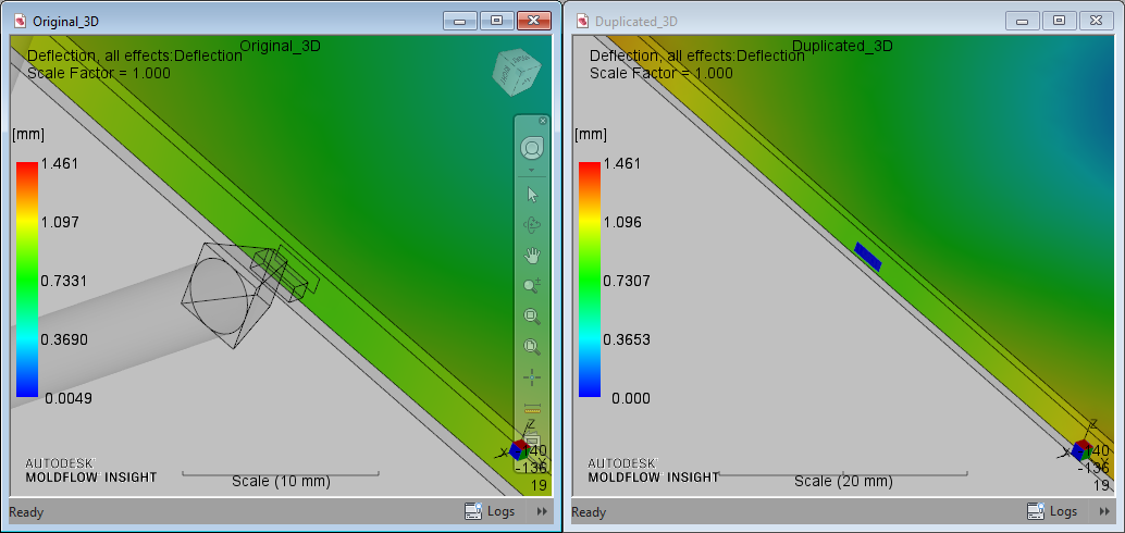 Deflection value is shown for gate beam elements in Moldflow