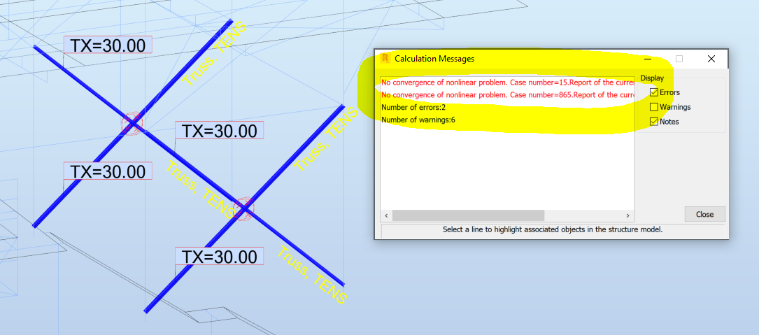 No Convergence Of Nonlinear Problem During Analysis Of Model Consisting Of Tension Bars