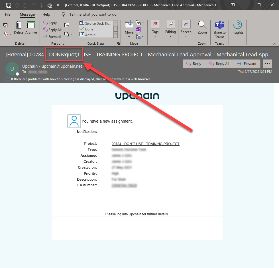 System emails do not handle special characters as expected in Upchain
