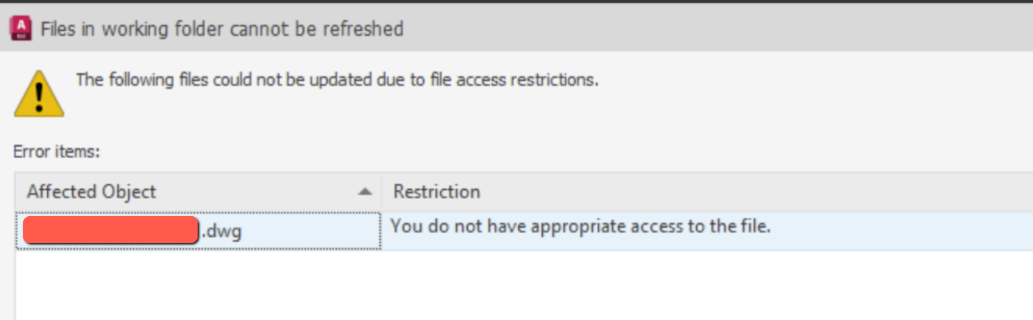 Error "You do not have appropriate access to the file" when trying to check in an AutoCAD ...