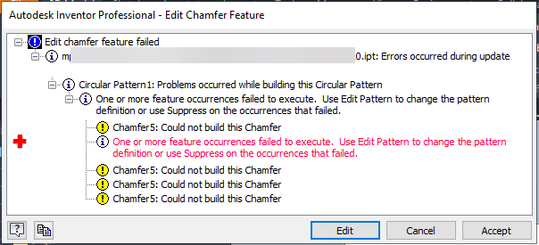 "Chamfer: Could not build this Chamfer" "One or more feature occurrences failed to execute" when ...
