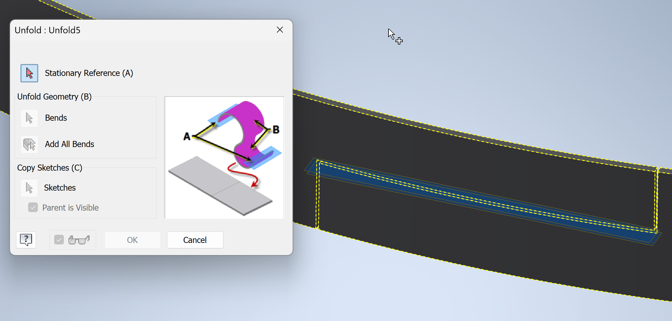 Select a user defined face as Stationary Reference in the Unfold dialog box in Inventor