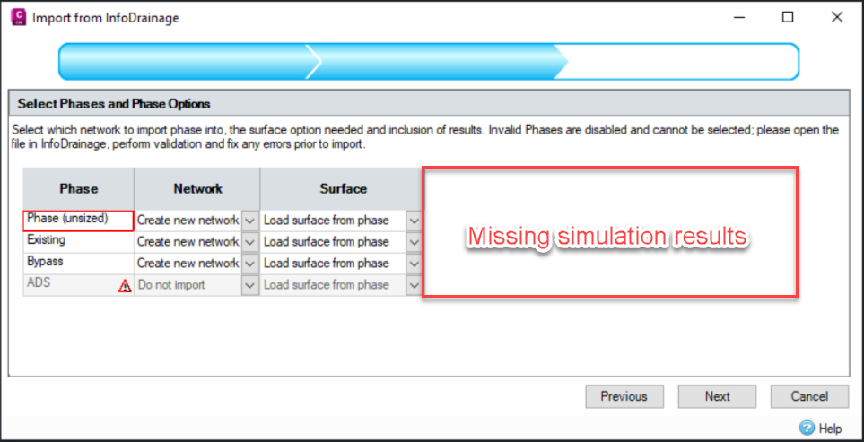 将 InfoDrainage 结果导入 Civil 3D 时，模拟结果不可用。