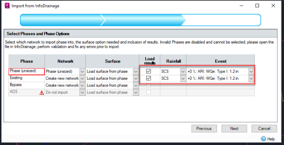 将 InfoDrainage 结果导入 Civil 3D 时，模拟结果不可用。