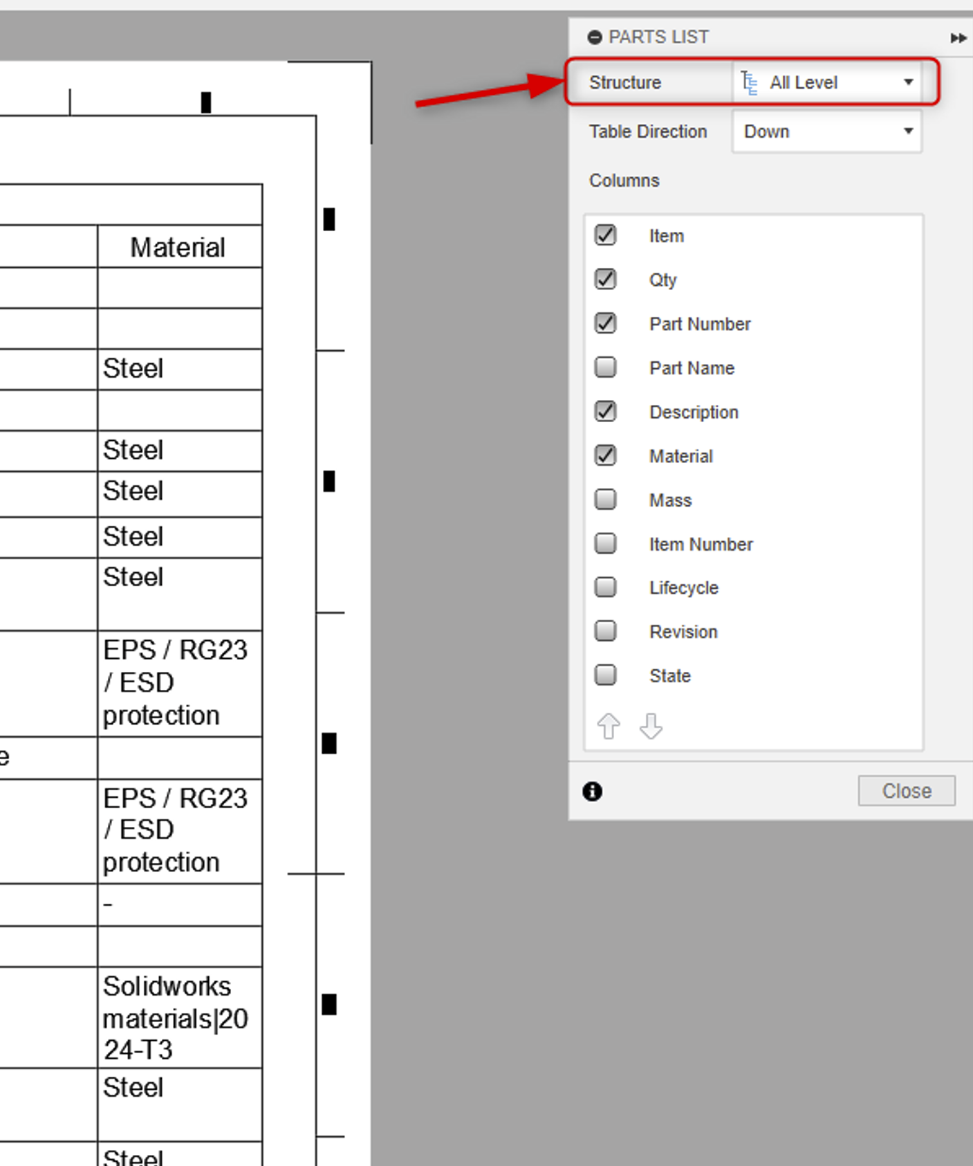 Materials not visible for the subassemblies in the parts list in drawing in Fusion