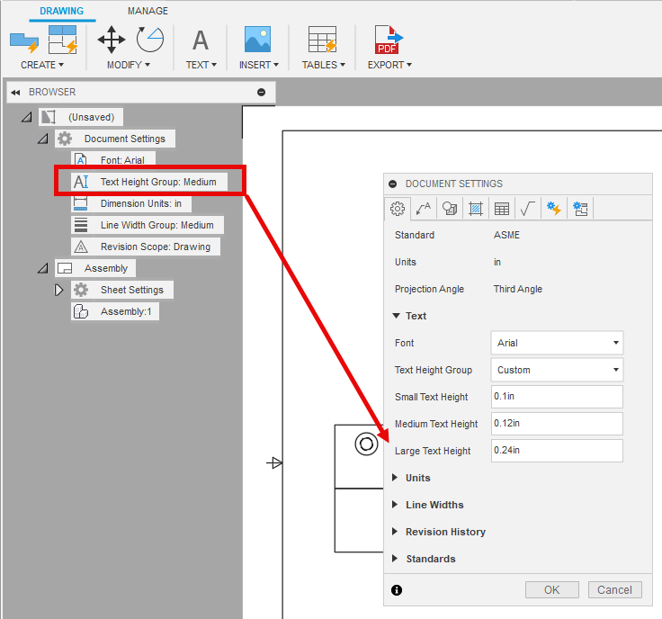 Change default text height of section cut details in Autodesk Fusion