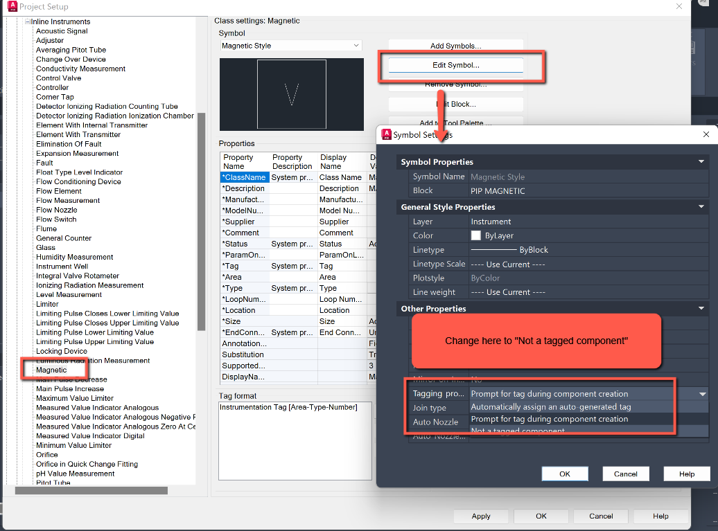 How to exclude one specific P&ID instrument class from tagging in AutoCAD Plant 3D?