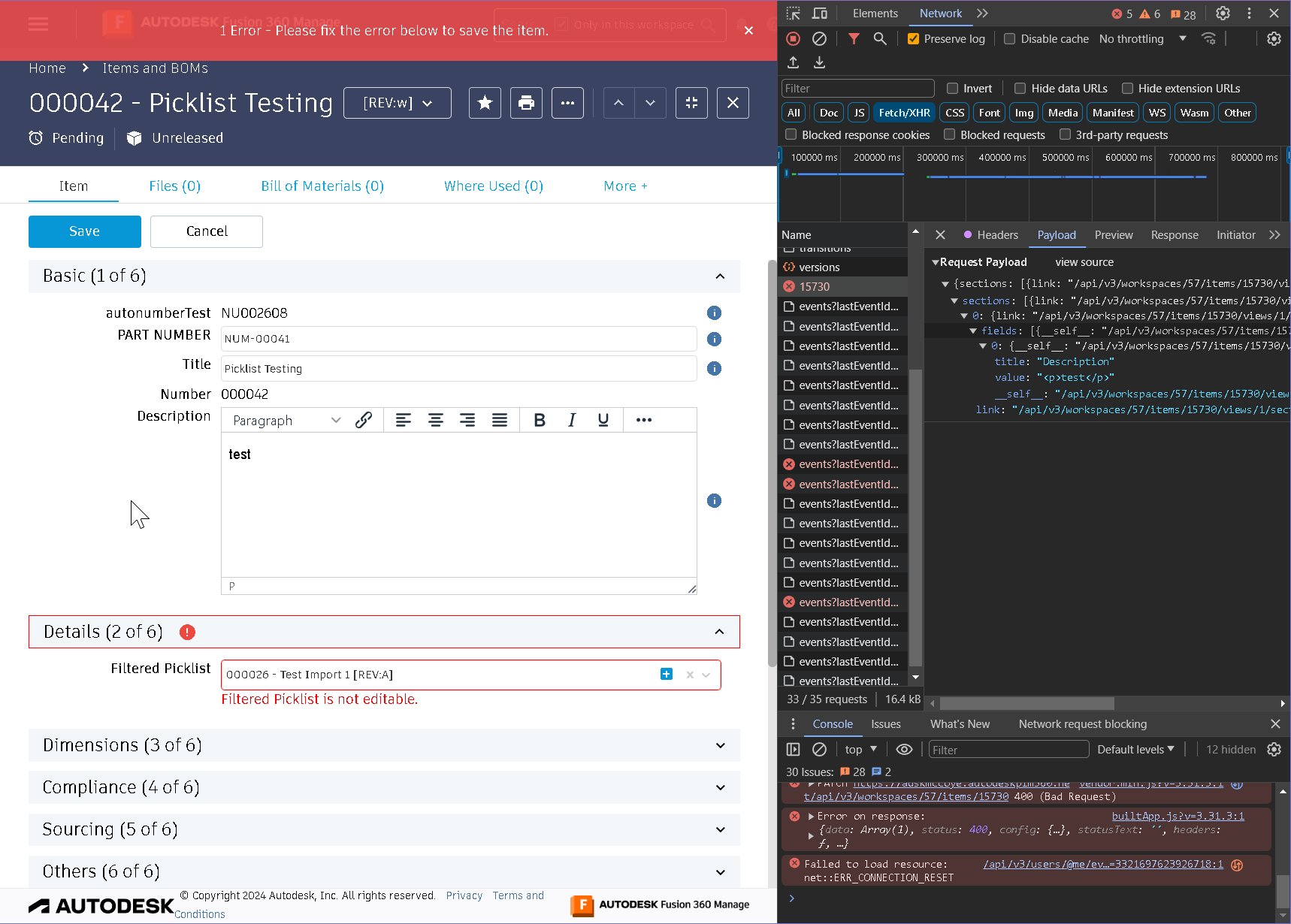 "Fix the error to save the item" is seen when editing an item that contains a filtered picklist ...