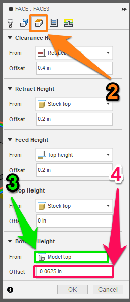 How to use a facing operation below the model top surface in Fusion