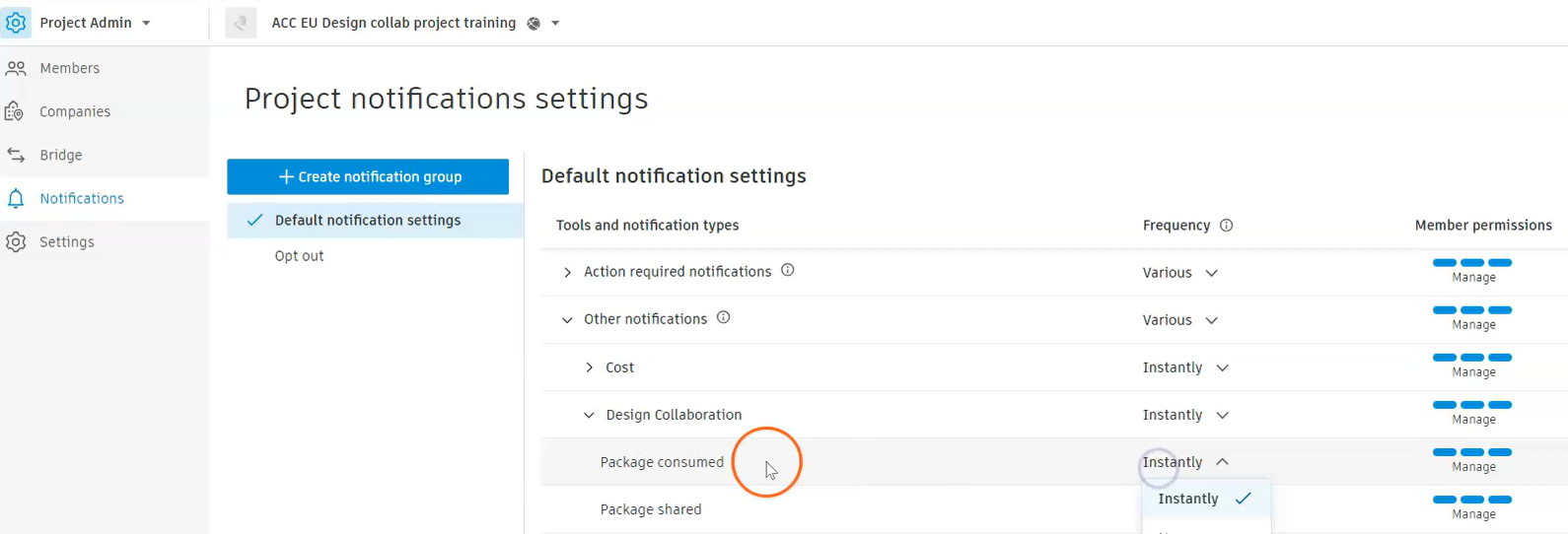 How to enable email notifications for sharing and consuming package in ACC Design Collaboration