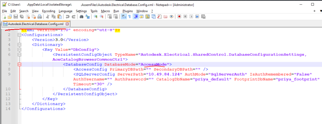 Where is the configuration of the database source stored for AutoCAD Electrical?