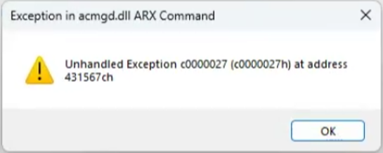 "Unhandled Exception in acmgd.dll ARX Command" when launching AutoCAD