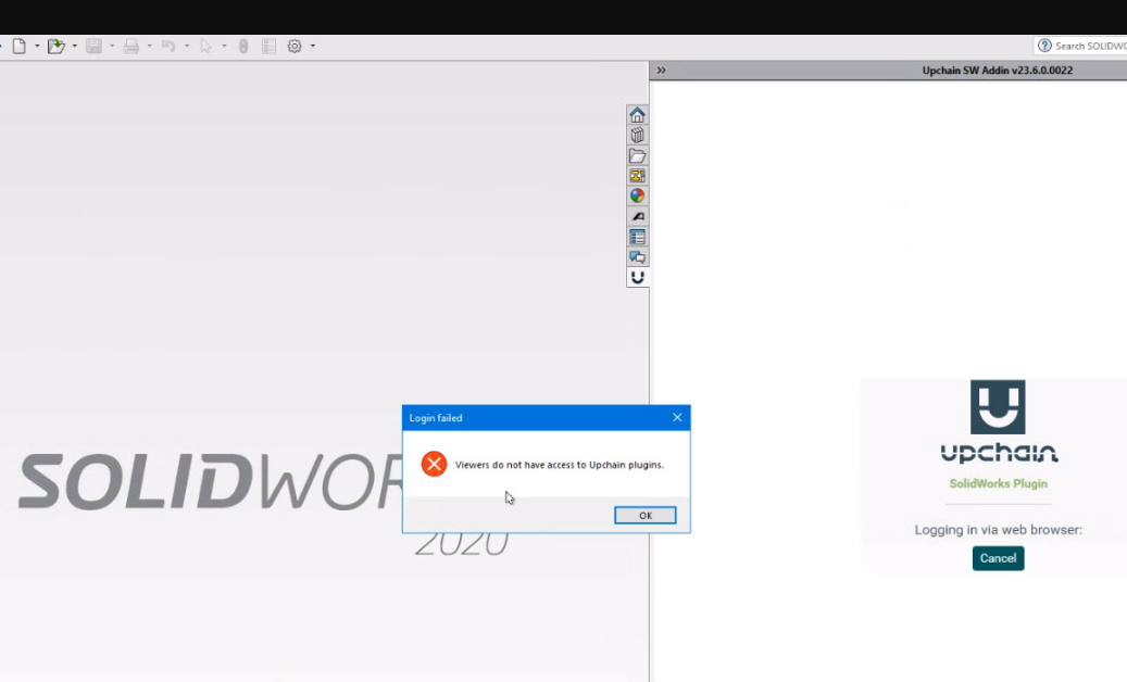 "Viewers do not have access to Upchain plugins" error on logging in to Upchain plug-in
