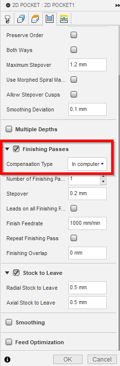 Cannot choose compensation type on 2D pocket operation in Fusion.