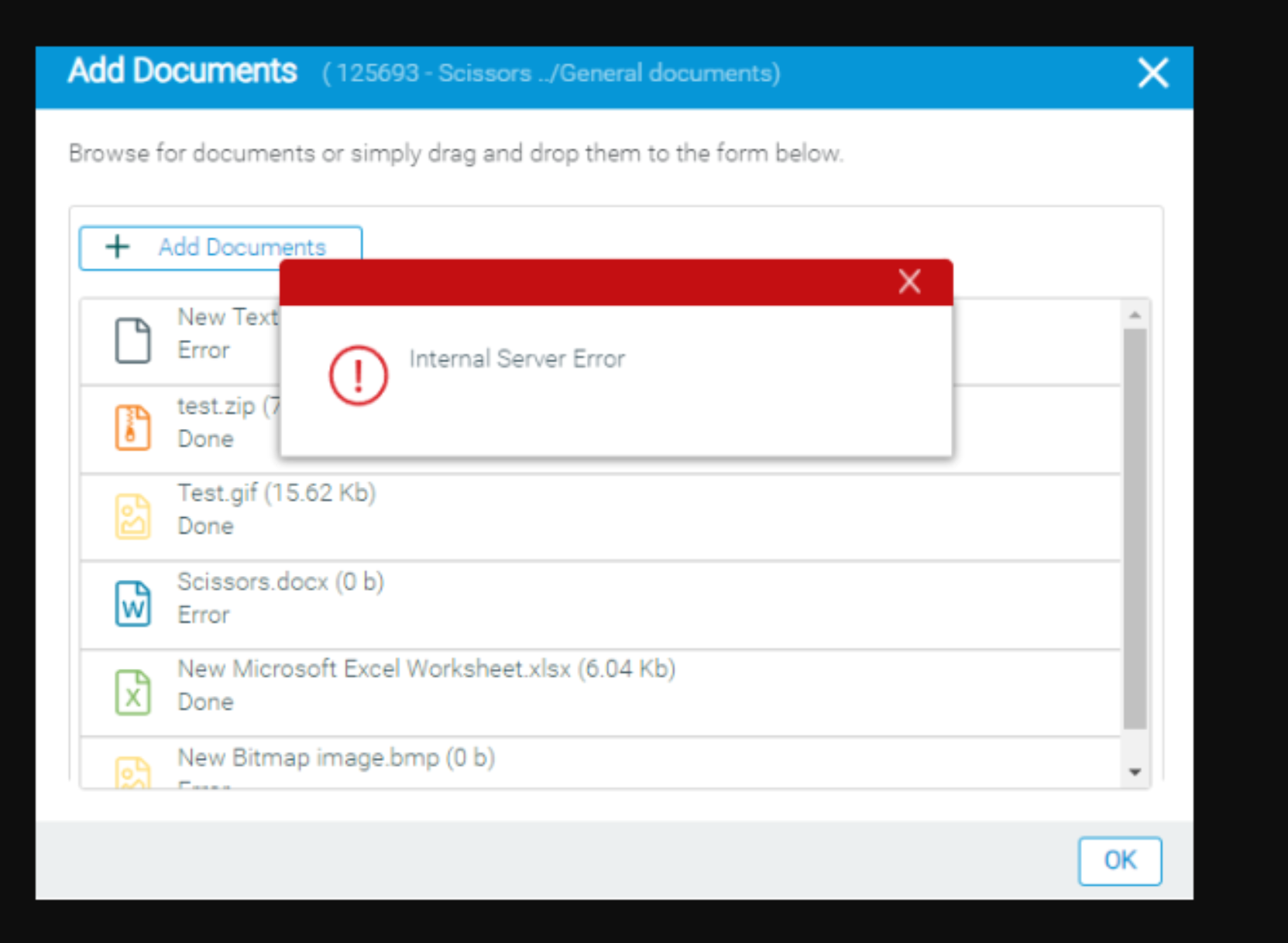 Internal server error when uplaoding a file from document section of an item in Upchain