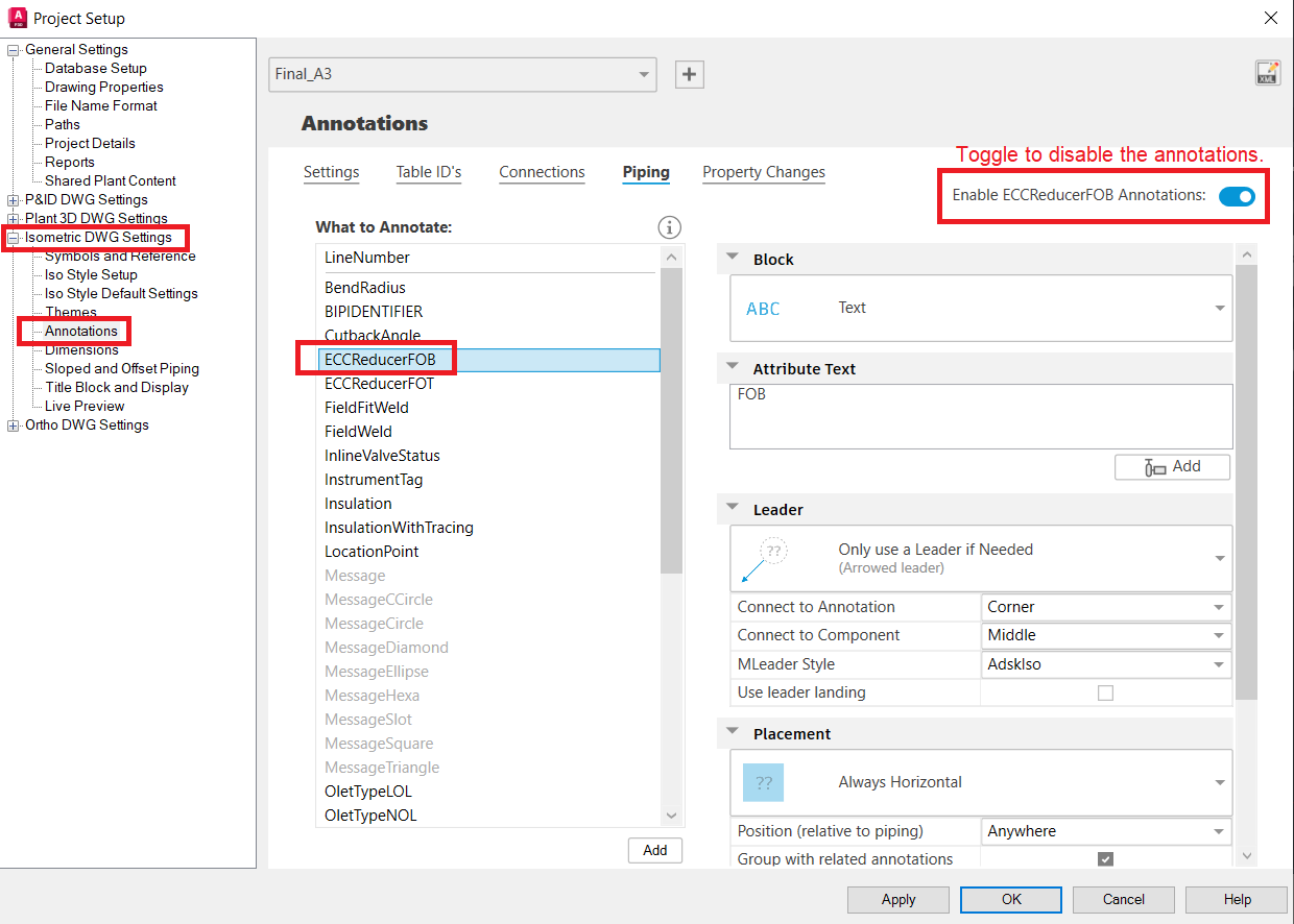 How To Remove The Eccentric Reducer Fob And Offset Location Annotation In Isometric Drawings Of