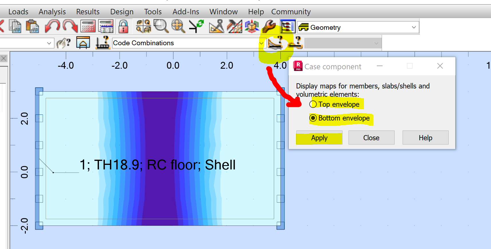 How to display map envelope for code combinations list of simple load cases or list of manual ...