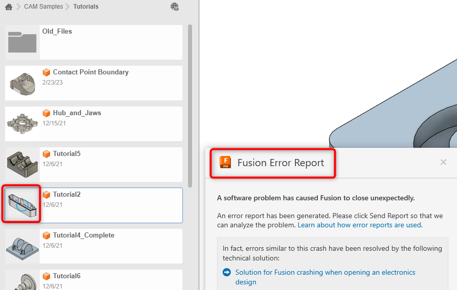 Why does Fusion 360 crash when double-clicking CAM Samples Tutorial ...