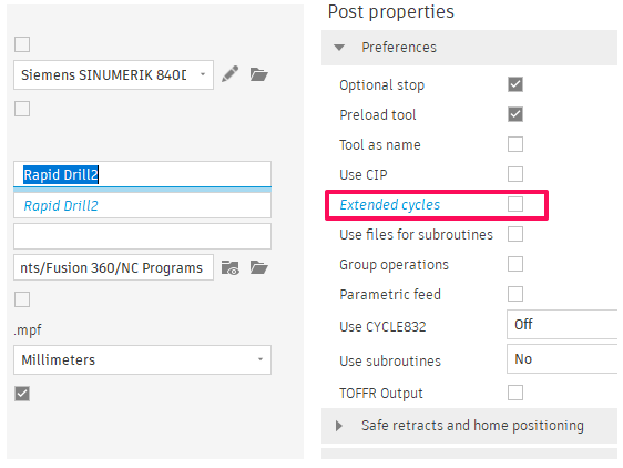 "number of parameters too high" Sinumerik 840D drill cycle warning from Fusion