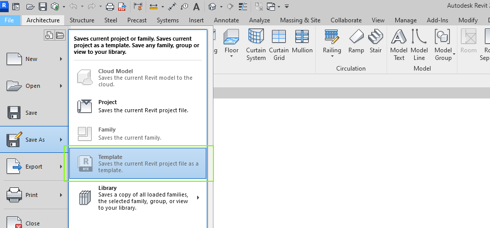 "Save as Template" option is dimmed in save options for Revit cloud models