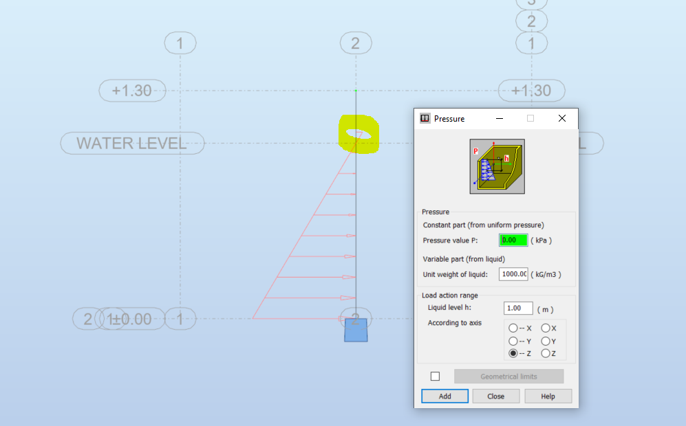 Hydrostatic load applied above required water level for claddings in Robot Structural Analysis