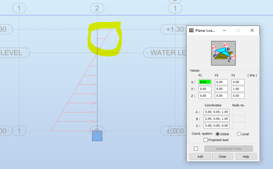 Hydrostatic load applied above required water level for claddings in Robot Structural Analysis