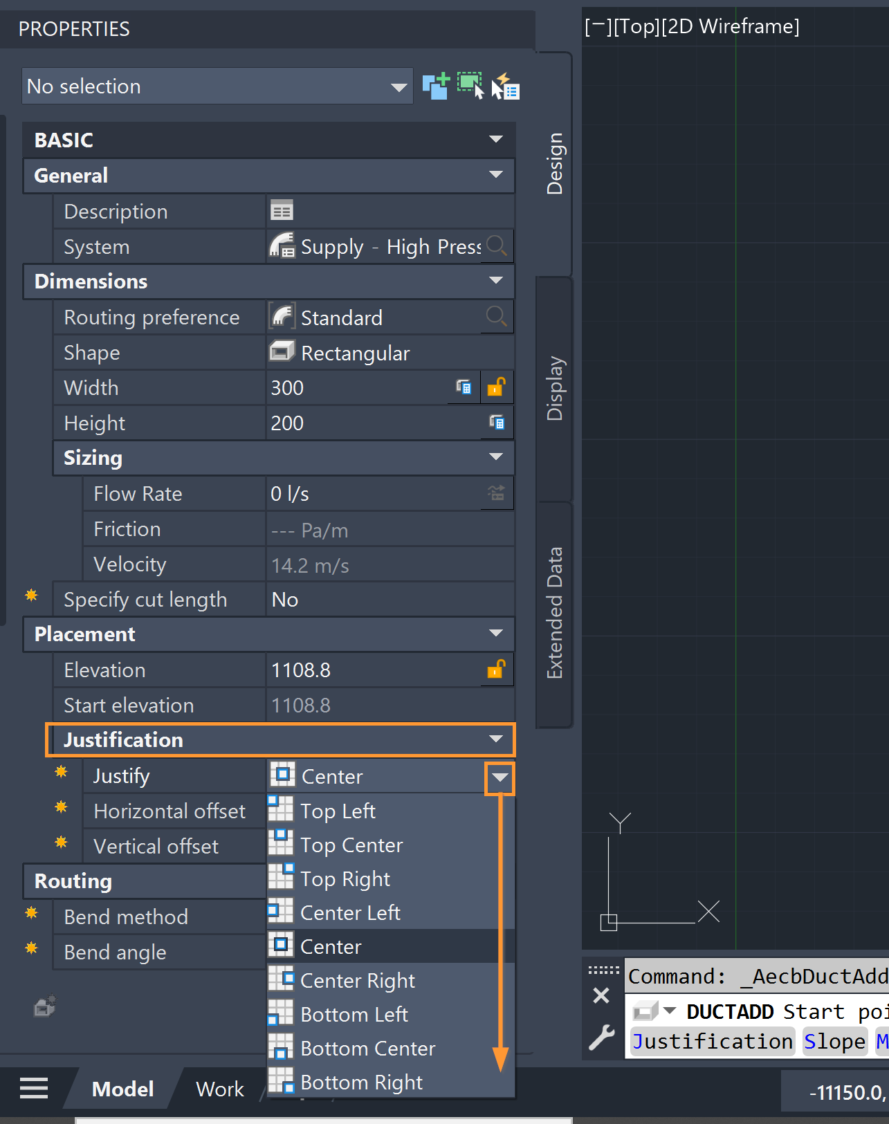Justification when creating ducts in AutoCAD MEP