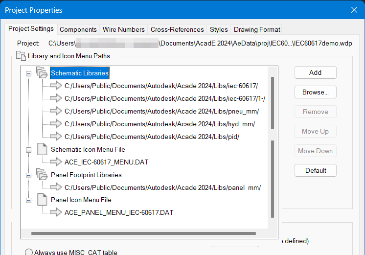 在 AutoCAD Electrical 中插入元件或示意图时显示“找不到文件 .dwg”错误