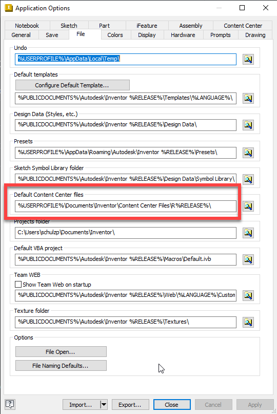 Use the %USERPROFILE% variable for content center file path or Design ...
