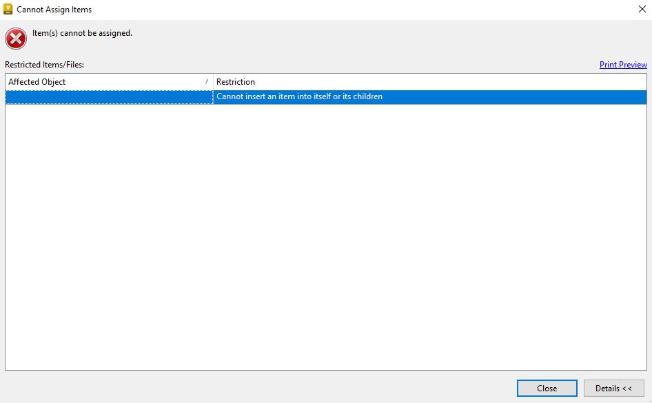 Vault Error message: "Cannot insert an item into itself or its children" appears when assigning ...