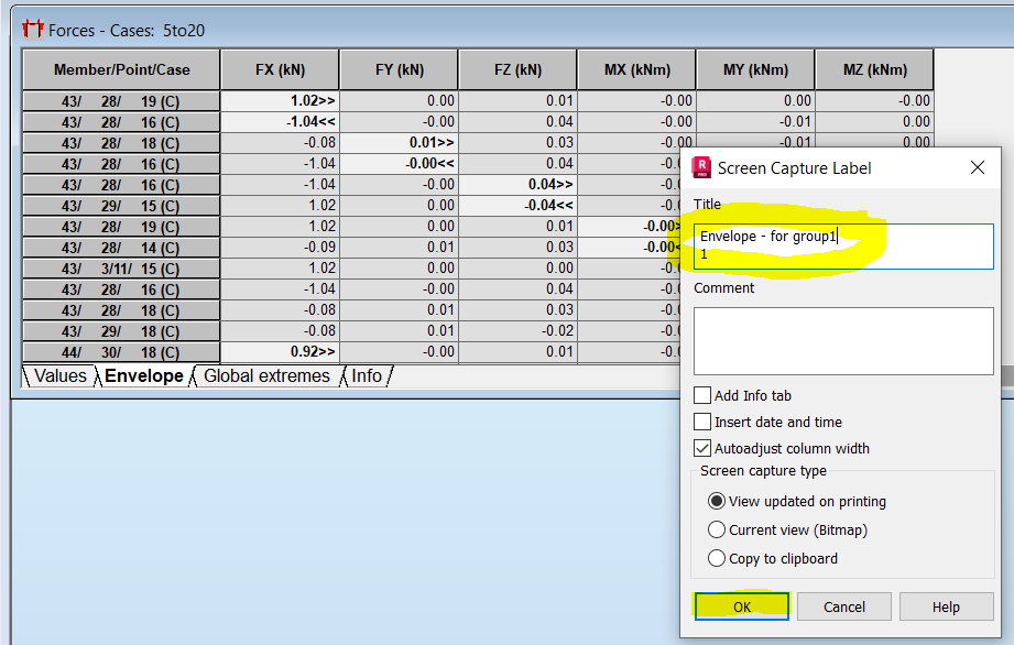 How to print internal forces envelope for different groups of members in Robot Structural Analysis