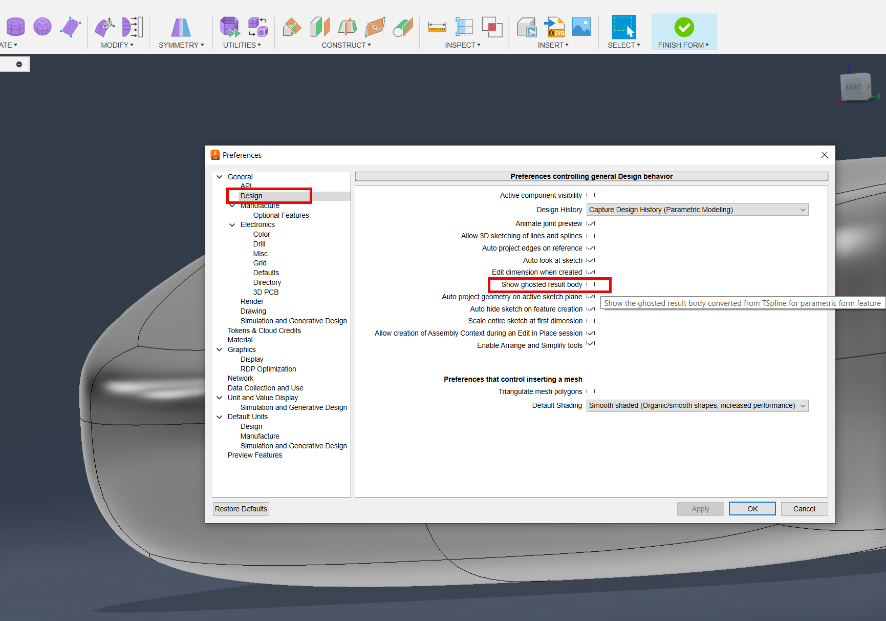 How to turn off ghost body in Form workspace of Autodesk Fusion