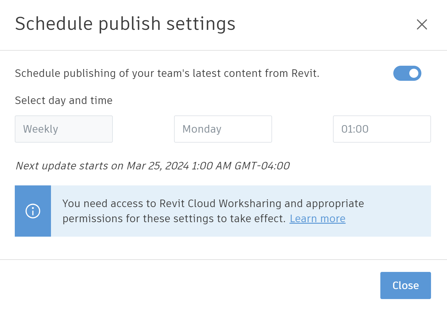 Unable to configure schedule publish settings in BIM 360 or ACC