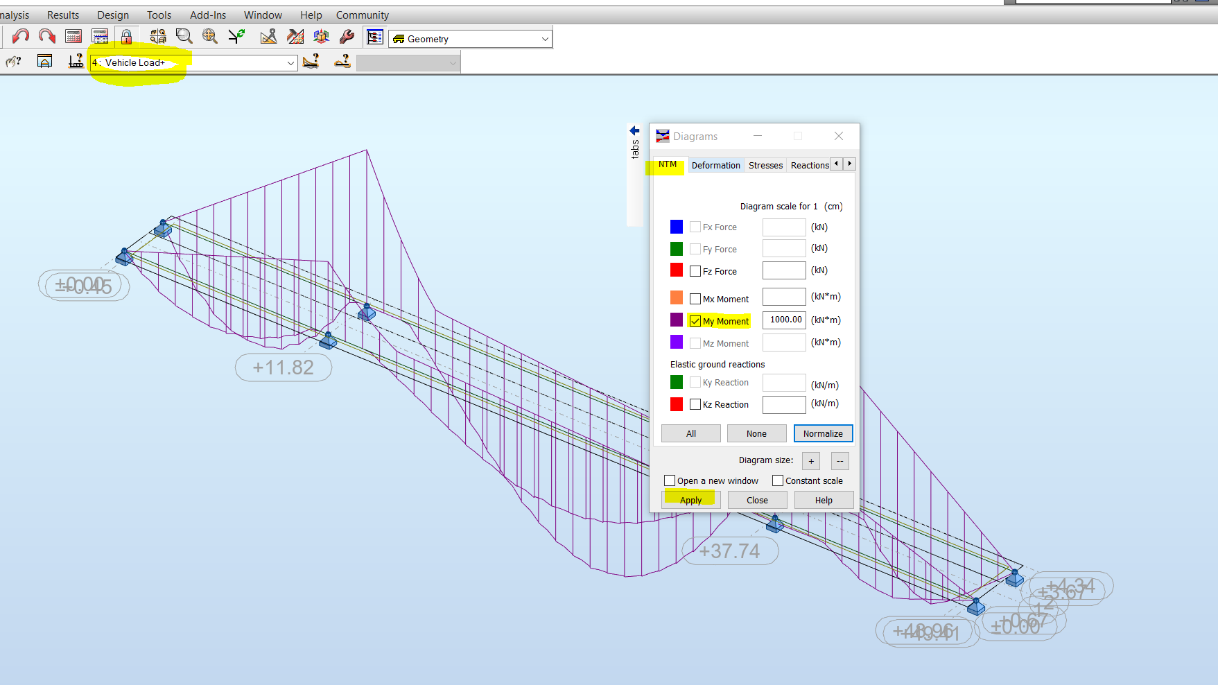 How to present bending moments envelope on members for moving load case in Robot Structural Analysis